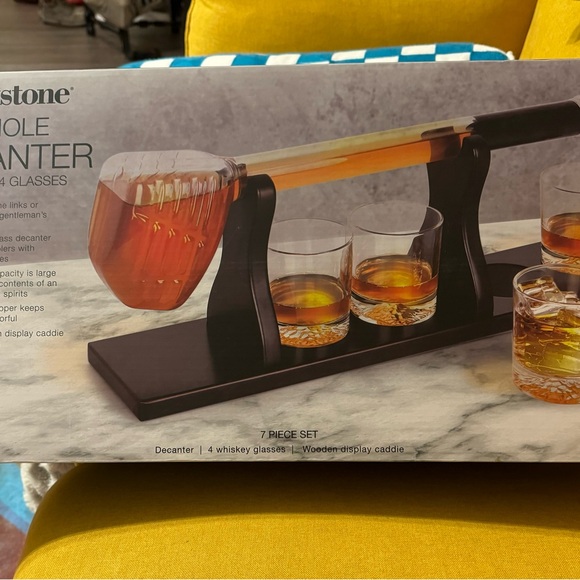 Brookstone | Dining | Whiskey Decanter Set With Glasses Black And Brown ...